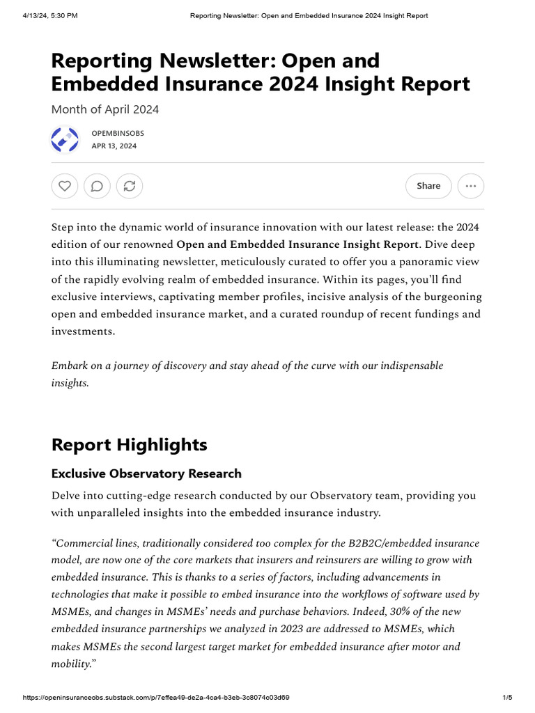 Reporting Newsletter - Open and Embedded Insurance 2024 Insight Report ...