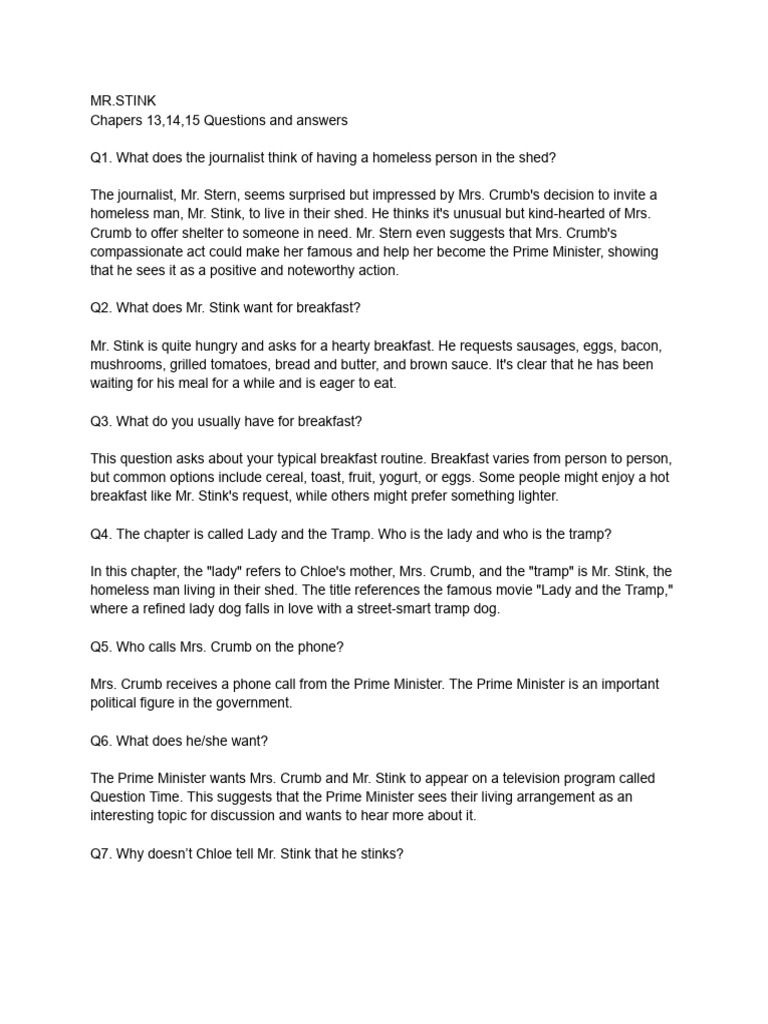 Mr. Stink Qs and As Chapters 13,14,15 | PDF | Cooking, Food & Wine | Religion & Spirituality