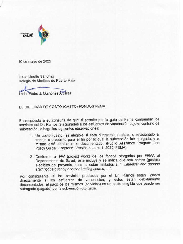 Eligibilidad de Costo Fondos FEMA - Colegio de Médicos y Cirujanos | PDF