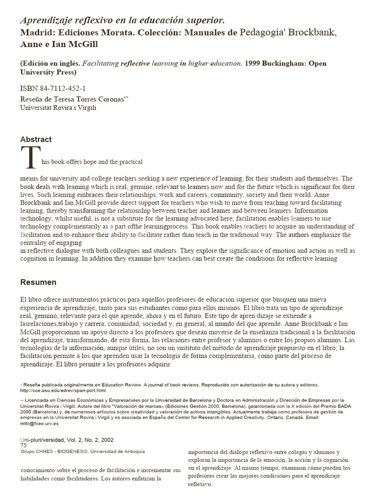 Brockbank, A. (2002) Aprenizaje Reflexivo en La Educación Superior ...