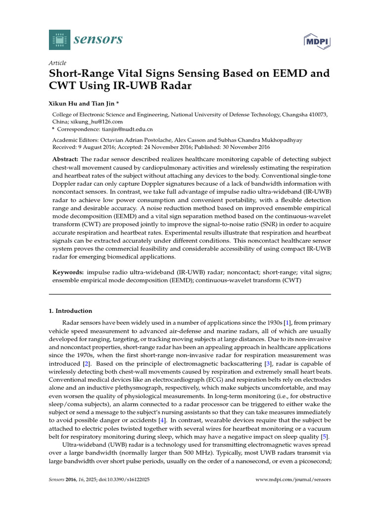 Noncontact Vital Signs Detection Using IR-UWB Radar | PDF | Ultra ...
