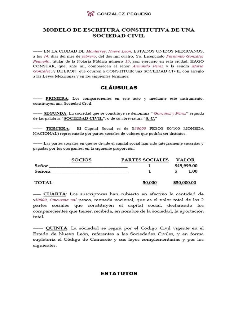 Modelo de Escritura Constitutiva de una Sociedad Civil | PDF | Sociedad de responsabilidad ...