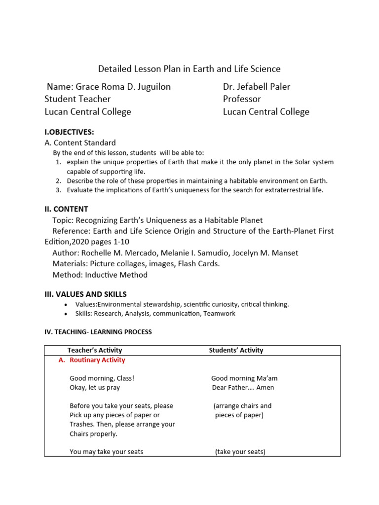 Detailed Lesson Plan in Earth and Life Science | PDF | Planets ...