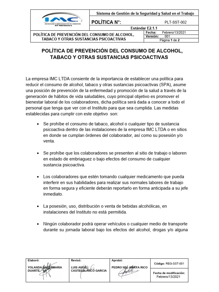 PLT-SST-002 Política de Prevención Del Consumo de Alcohol, Tabaco y Otras Sustancias ...