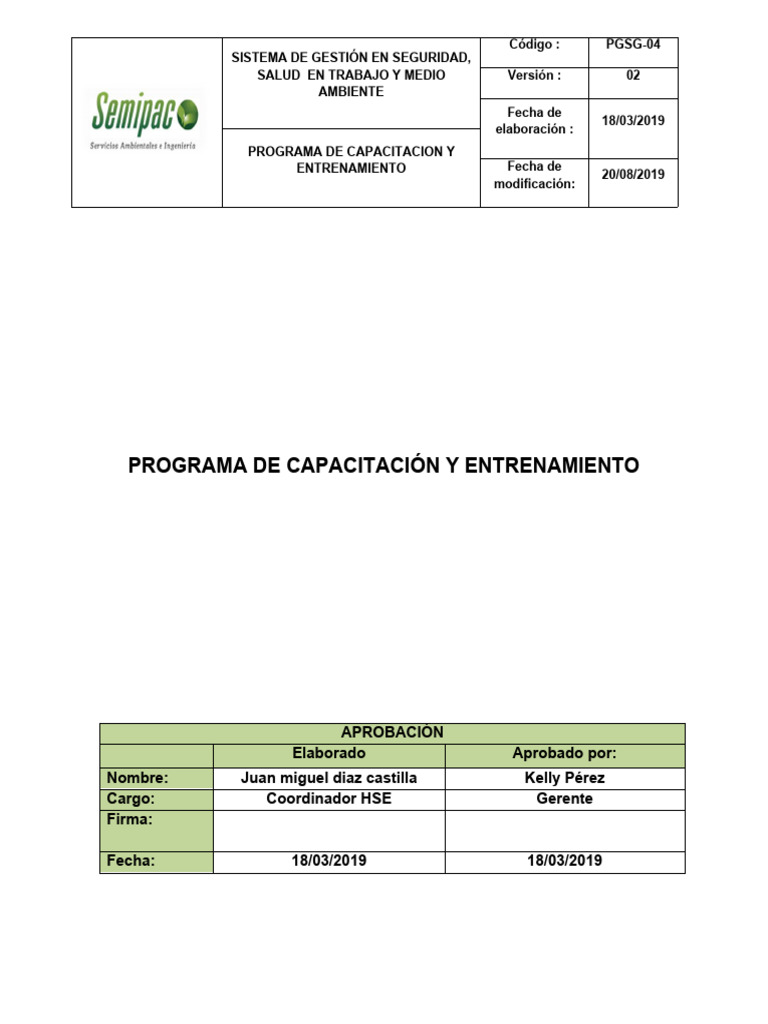 PROGRAMA DE CAPACITACION Y ENTRENAMIENTO | PDF | Creación de capacidad | Evaluación