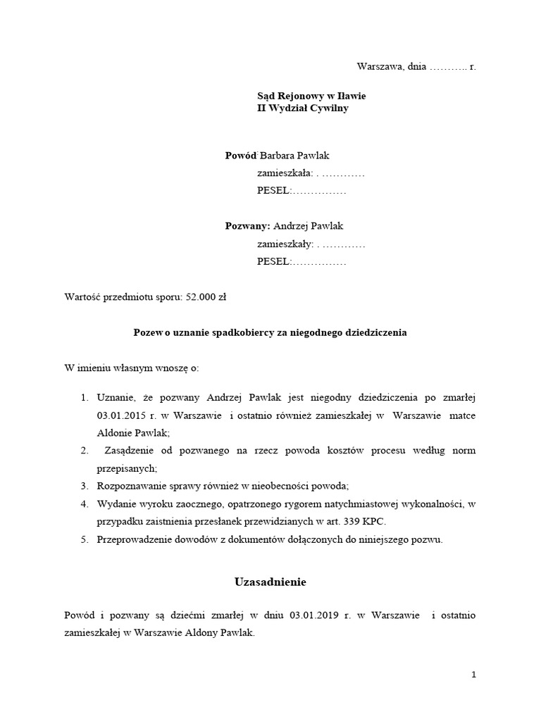 Pozew Niegodność Dziedziczenia Wzór | PDF
