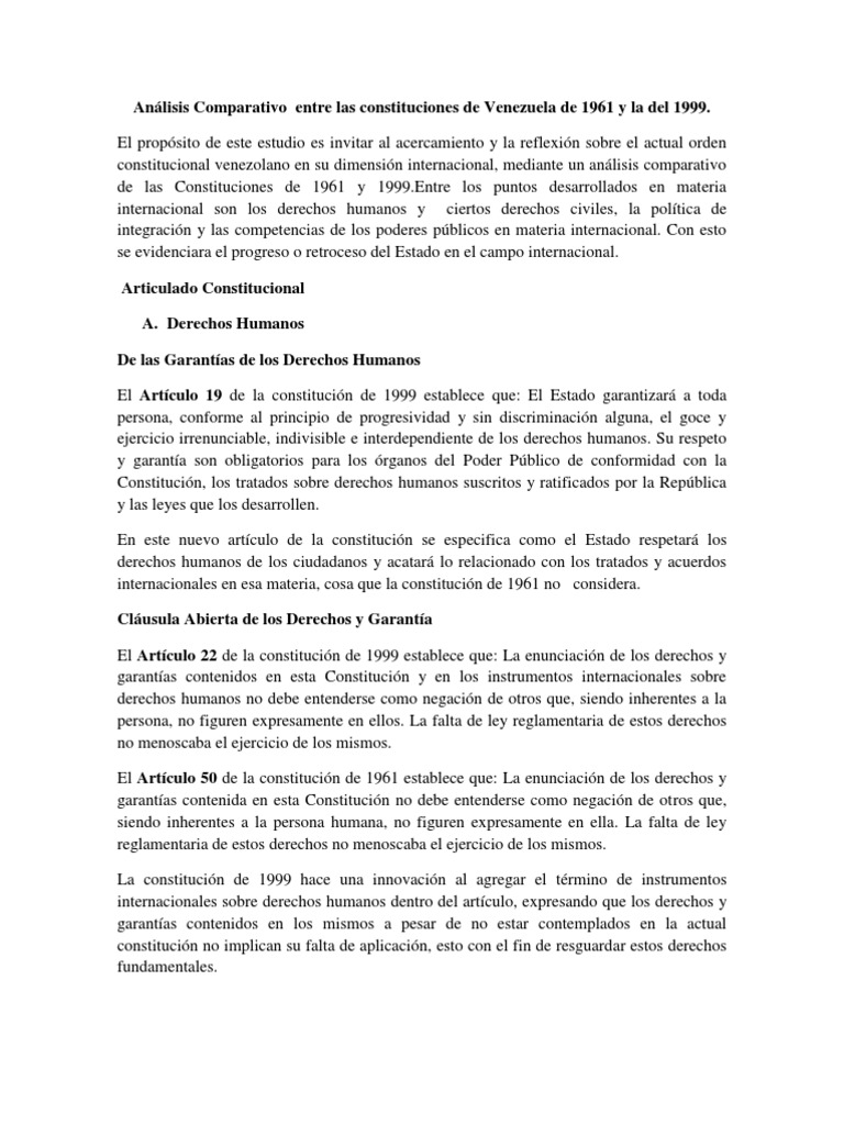 Análisis Comparativo Entre Las Constituciones De Venezuela De 1961 Y La