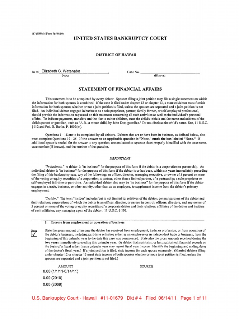 Elizabeth Hata Watanabe Bankruptcy Case: Financial Affidavit | PDF