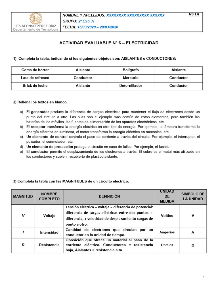 Ae6 - Electricidad Sergio Rodríguez García 2ºa Eso | PDF | Ingenieria Eléctrica | Aislador ...