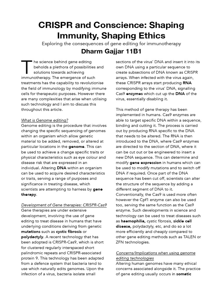 CRISPR and Conscience - Shaping Immunity, Shaping Ethics by Dharm Gajjar 11B1 PDF | PDF | Gene ...