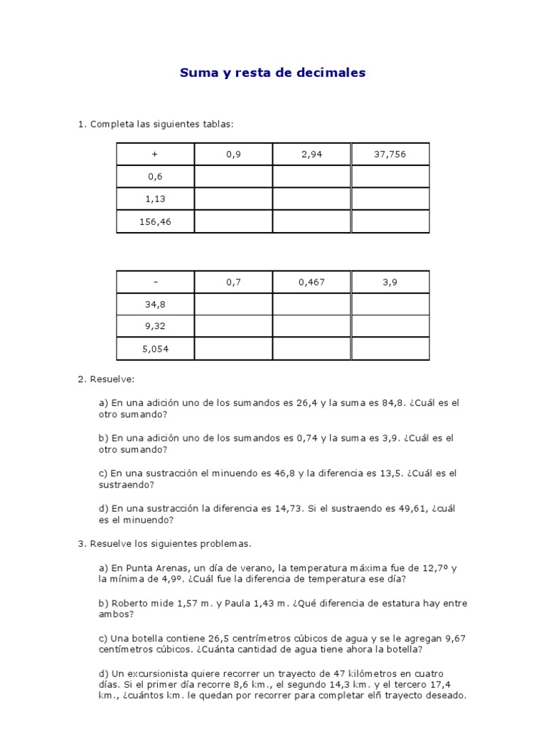 Suma y Resta de Decimales y Proporciones | PDF | Sustracción | Dibujo