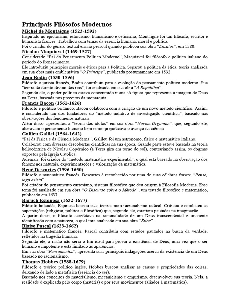 Principais Filósofos Modernos | PDF | Immanuel Kant | Iluminismo