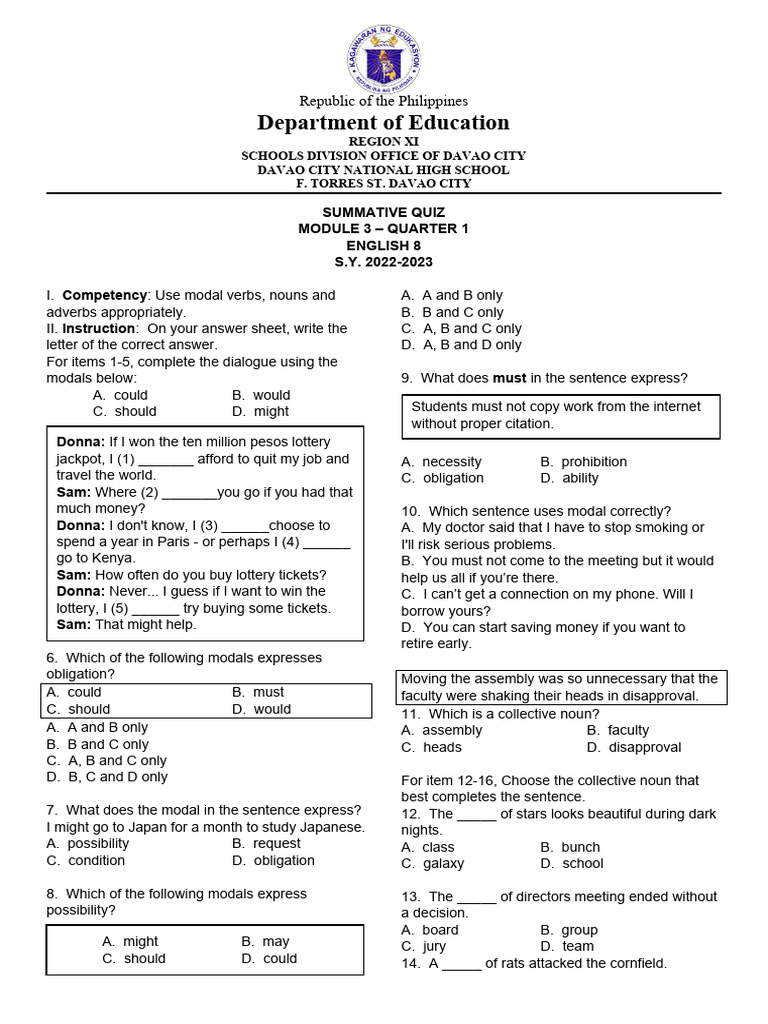 English 8 Summative Quiz: Modals & Nouns | PDF | Adverb | Linguistics