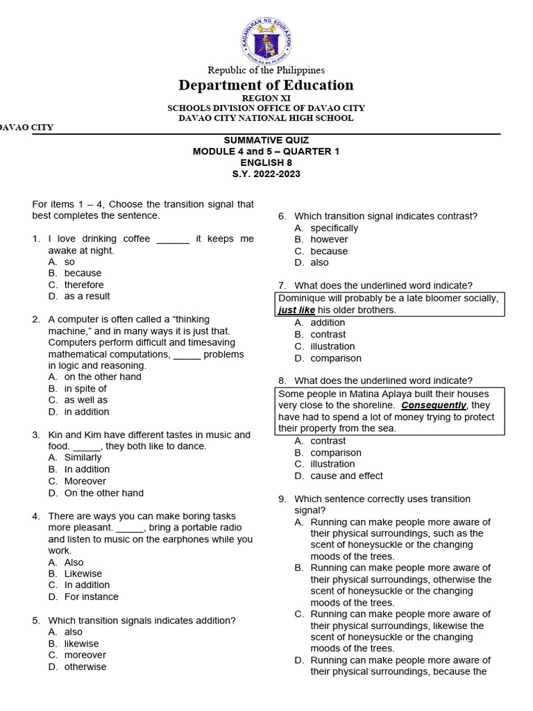 Summative Test - Module 4 and 5 - Quarter 1 | PDF | Language Arts ...