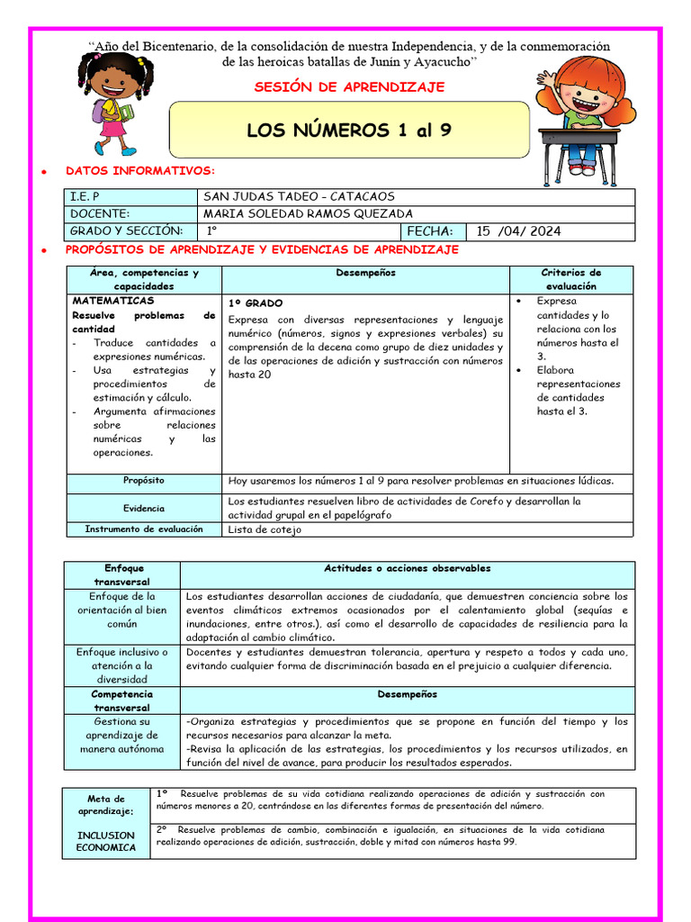 sesion numeros 1 al 9 | PDF | Aprendizaje | Evaluación