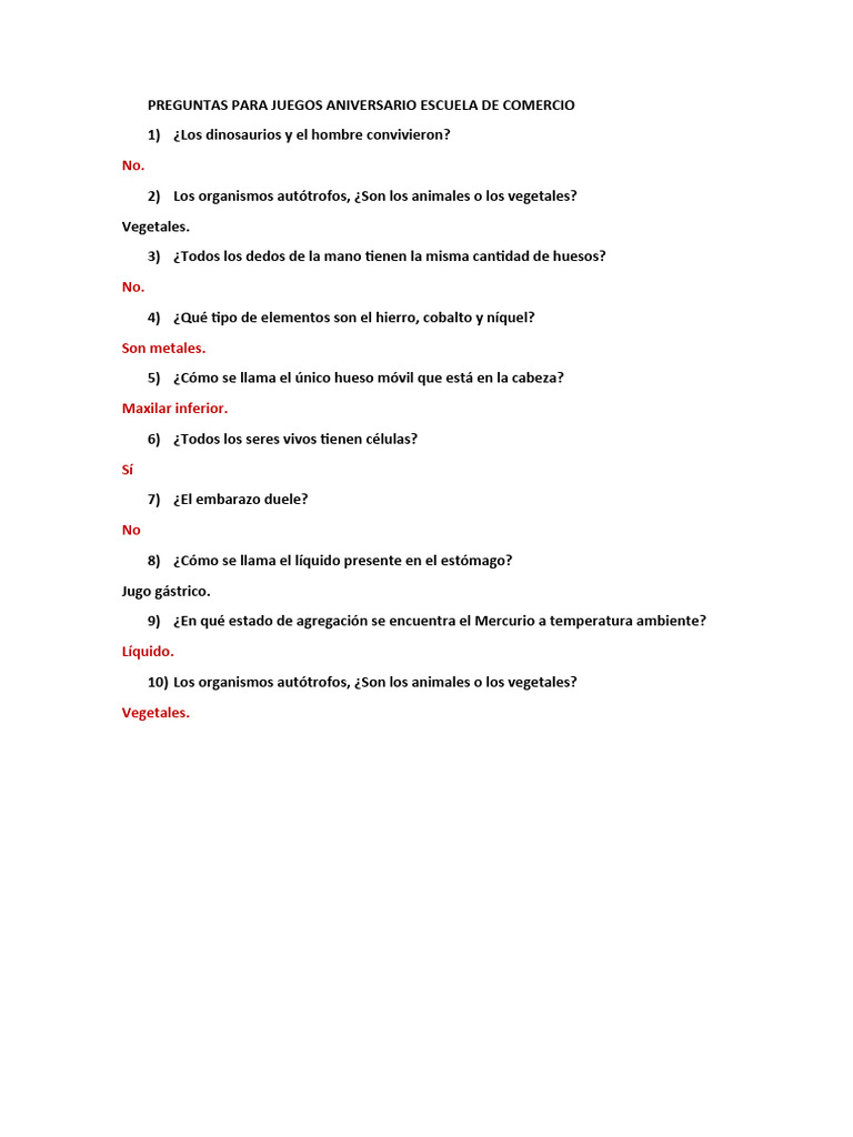 Preguntas para Juegos Aniversario Escuela de Comercio | PDF | Ciencia y ...
