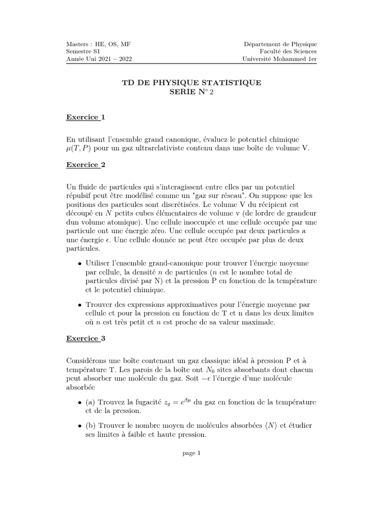 TD Physique Statistique S1 2021-2022 | PDF | Pression | Température