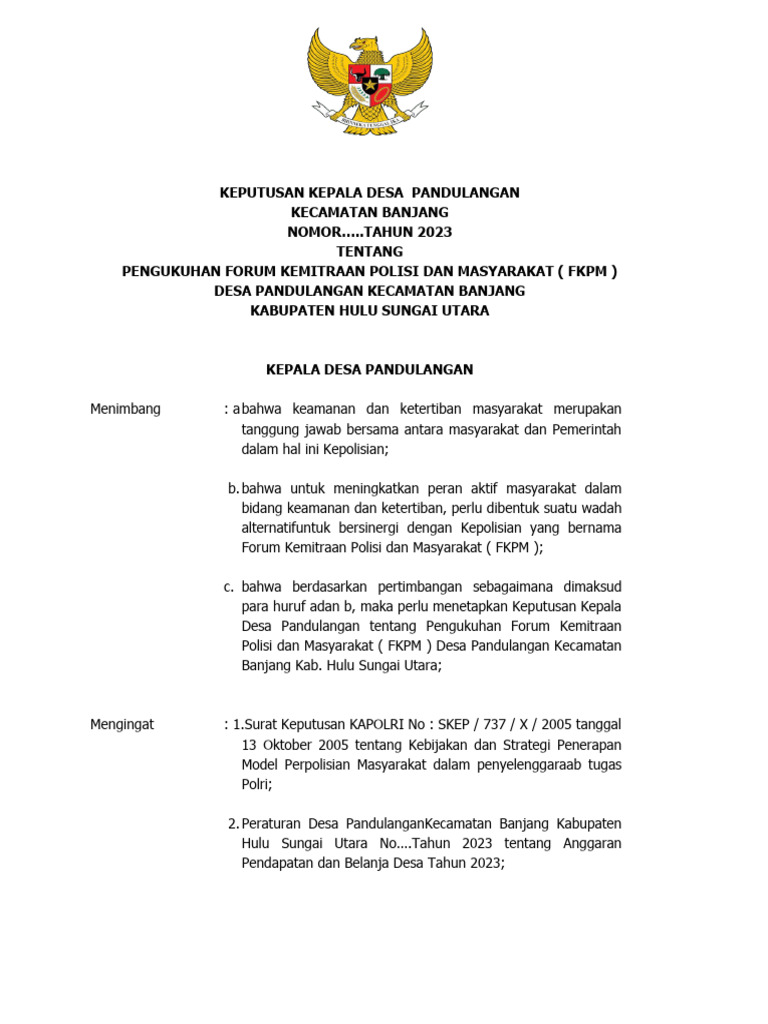 Keputusan Kepala Desa Pandulangan FKPM | PDF