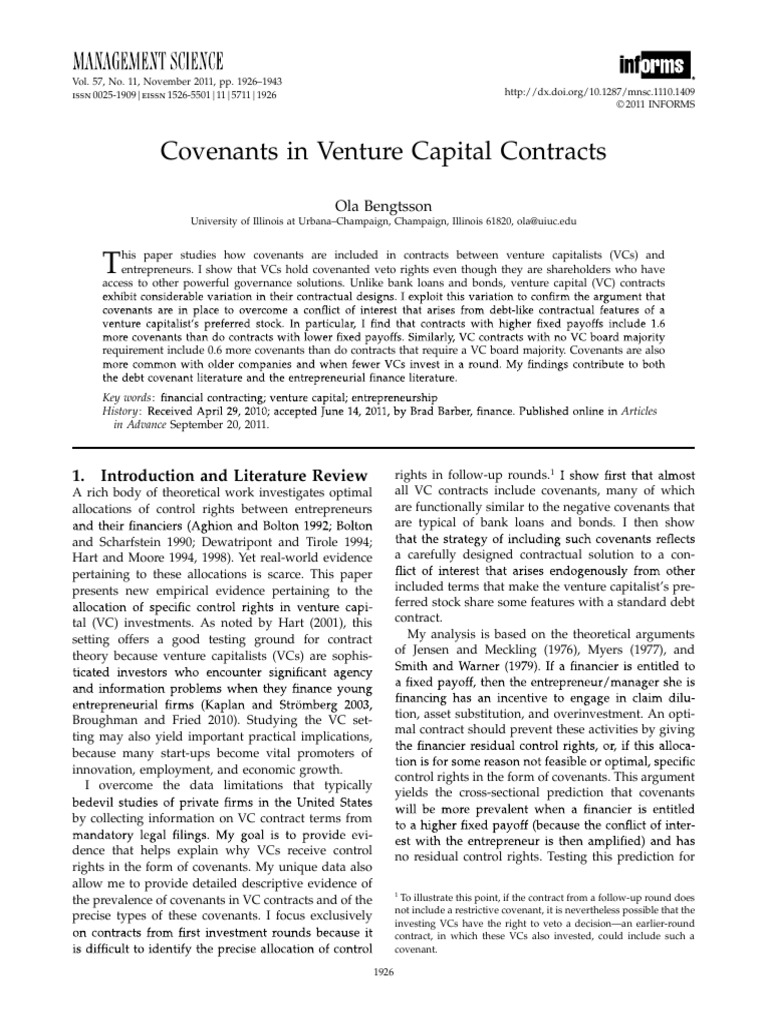 Covenants in Venture Capital Contracts | PDF