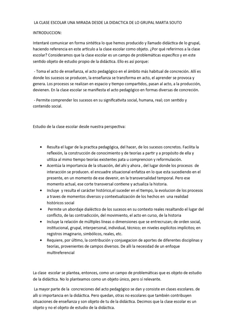 La Clase Escolar Una Mirada Desde La Didactica de Lo Grupal Marta Souto ...