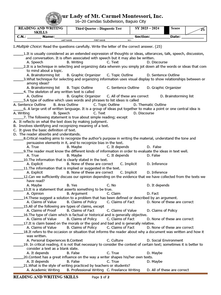 Reading & Writing Skills Test | PDF | Argument | Writing