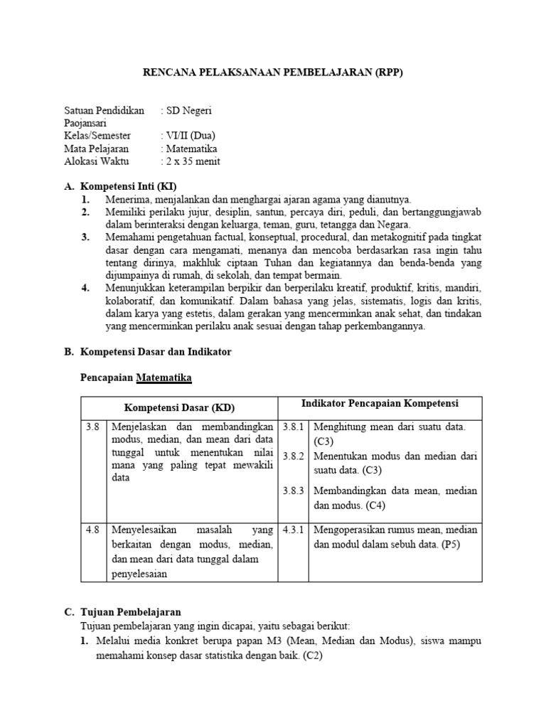RPP Matematika: Statistika Kelas VI | PDF | Sains & Matematika