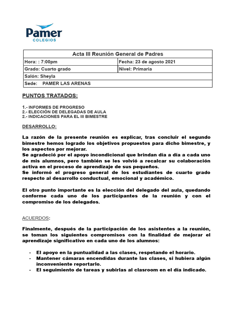 ACTA de Reuniones Con Padres de Familia Salón Sheyla Cuarto Grado | PDF | Salón de clases ...