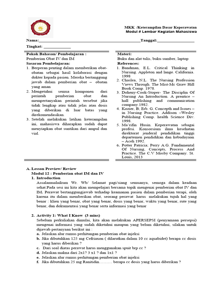 Modul 11 - Pemberian Obat IV, IM | PDF | Sains & Matematika