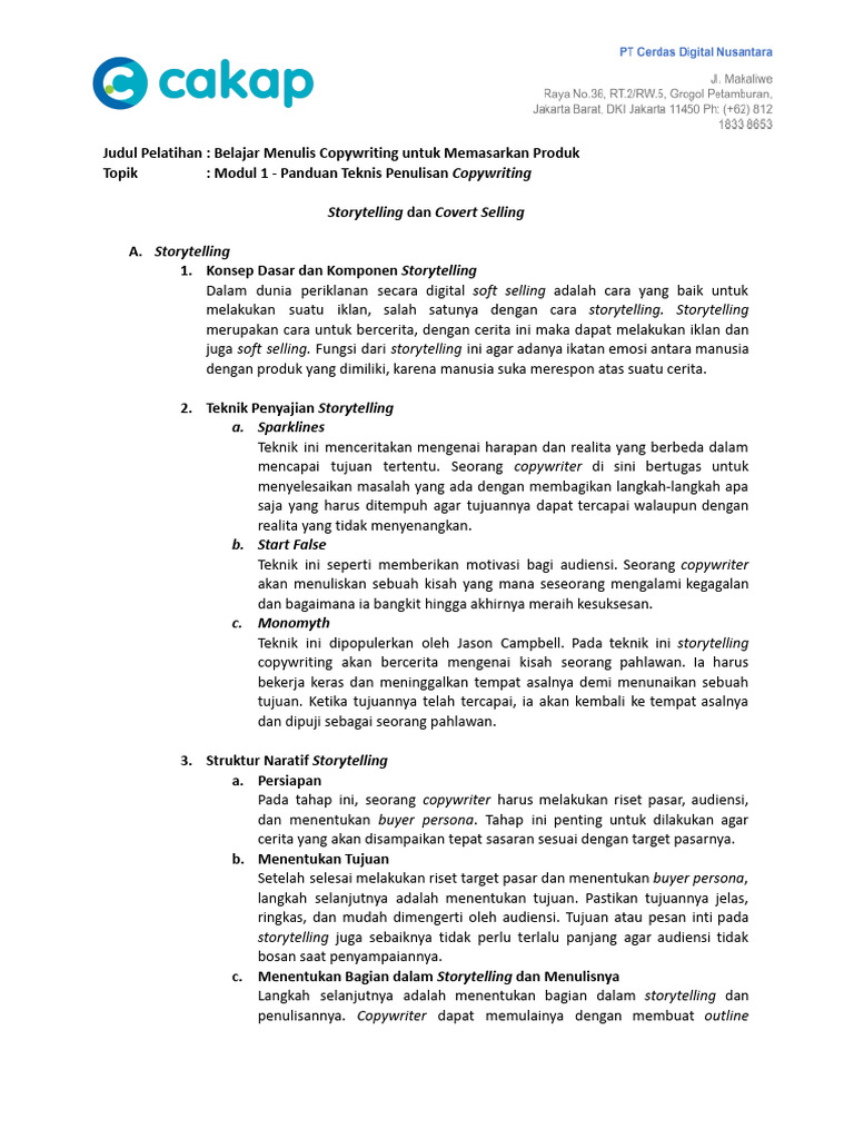 Handout Modul 1 - Teknik Penulisan Copywriting | PDF | Bisnis