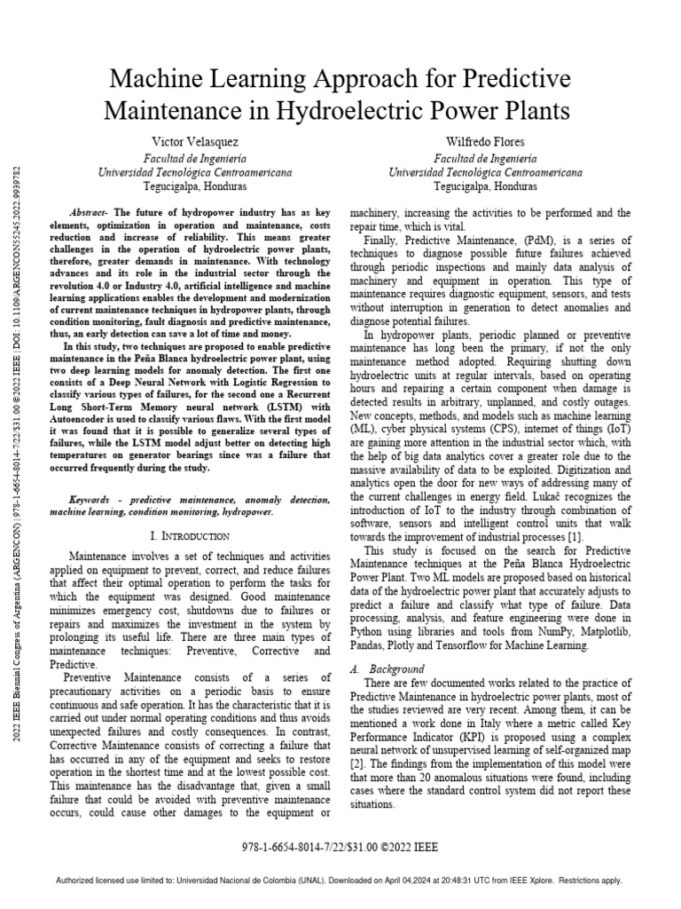 Machine Learning Approach For Predictive Maintenance In Hydroelectric