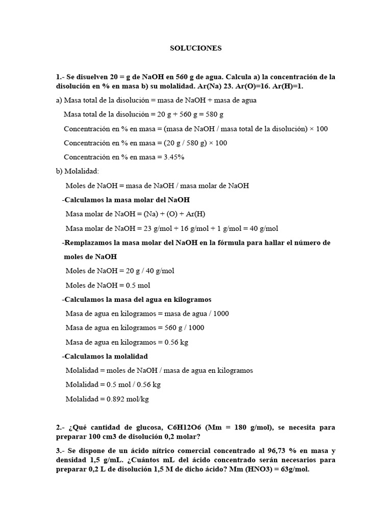 Taller Soluciones | PDF | Concentración | Ácido clorhídrico