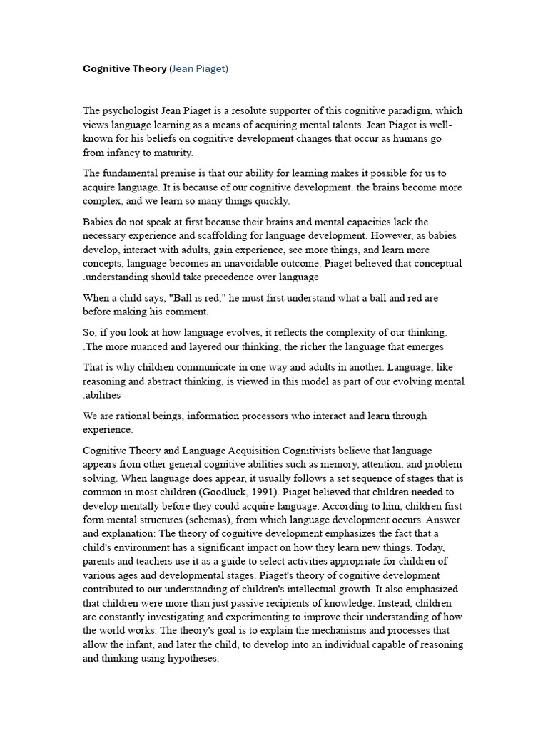 Cognitive Theory (Jean Piaget) | PDF | Cognition | Thought