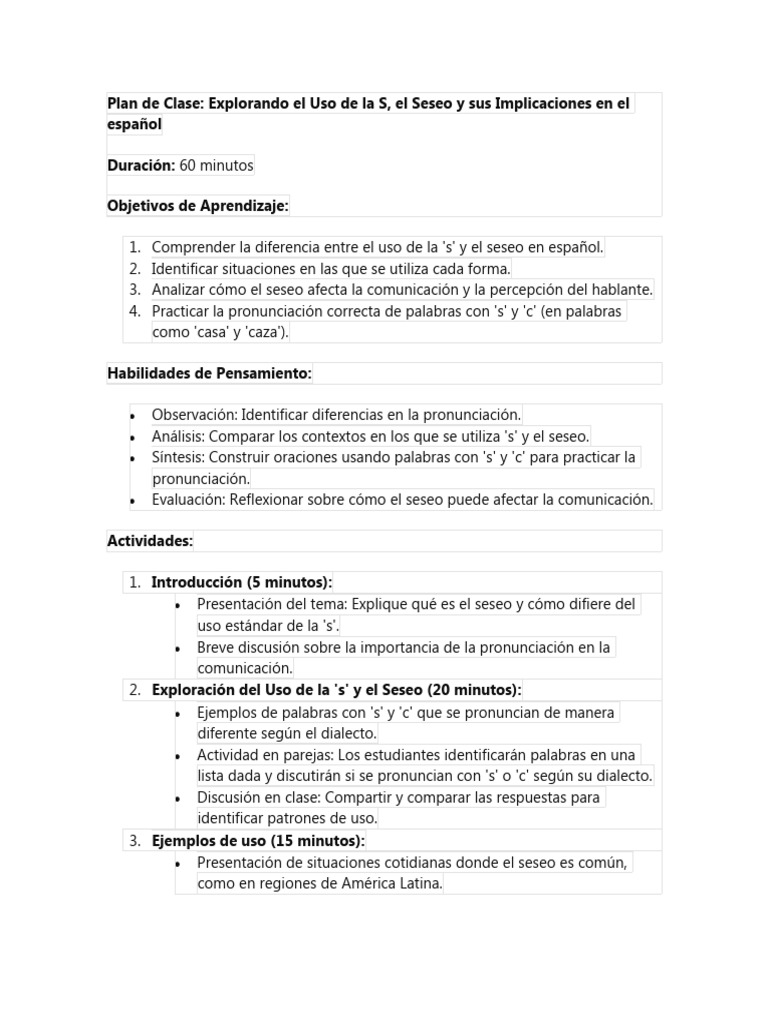 Plan de Clase Sobre El Uso de La S y El Seseo 7° | PDF | Comunicación ...