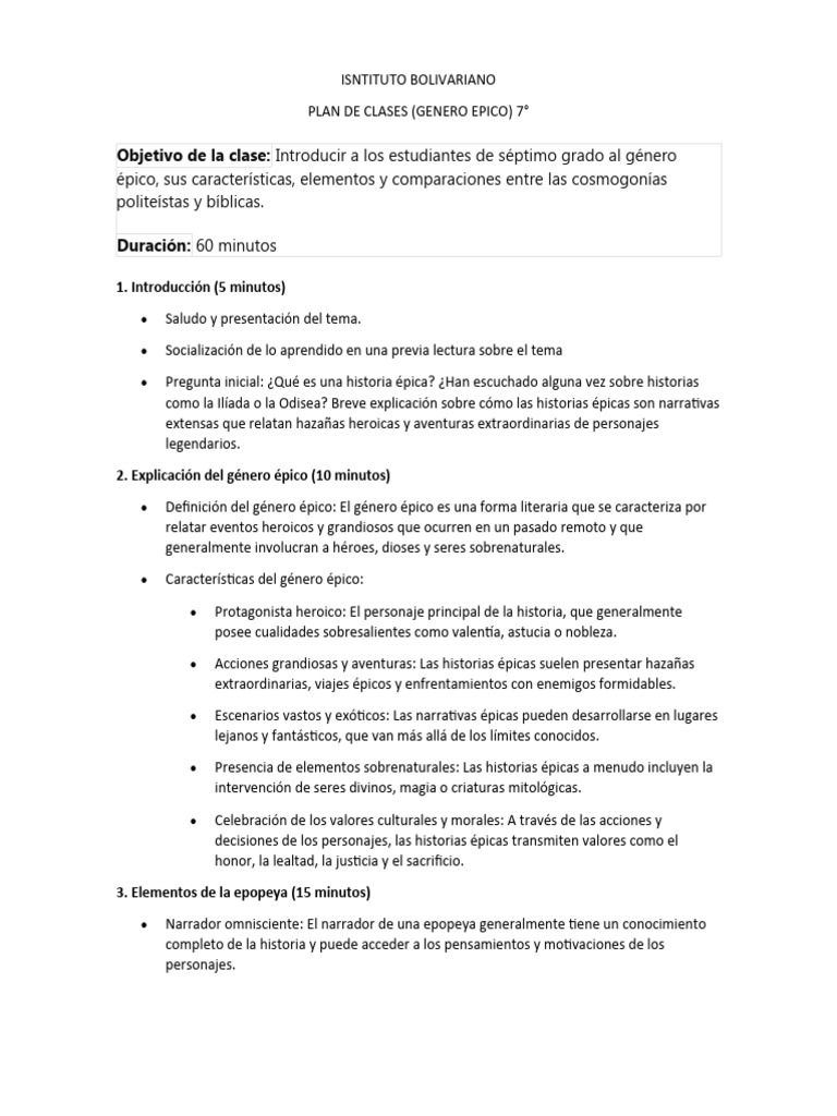 Plan de Clases Genero Epico 7° | PDF | Poesía épica | Mitología griega