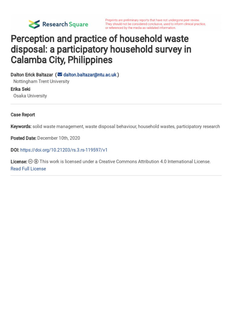 Perception and Practice of Household Waste Disposal: A Participatory ...