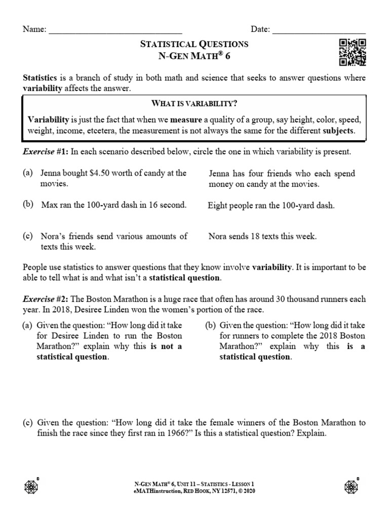 N Gen Math 6.unit 11.lesson 1.statistical Questions 1 | PDF