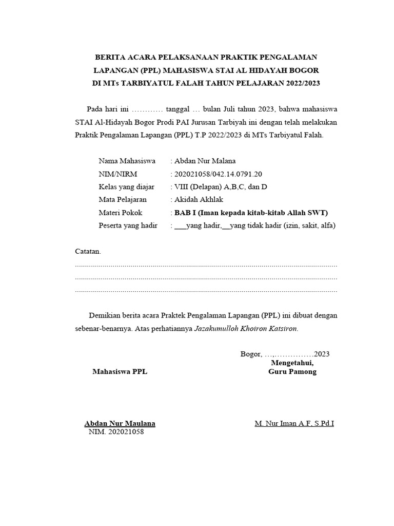 Berita Acara PPL | PDF