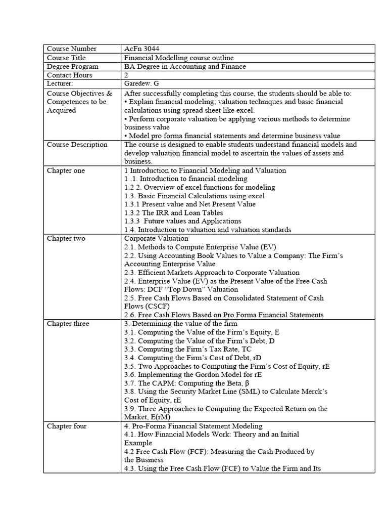 Financial Modelling Course Outline | Download Free PDF | Valuation ...