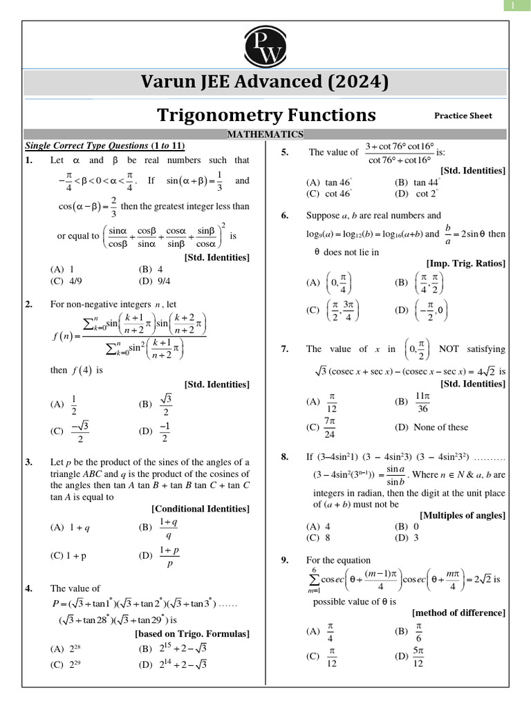 Trigonometry Functions - Practice Sheet - Varun JEE Advanced 2024 | PDF ... Trigonometry Functions - Practice Sheet - Varun JEE Advanced 2024 | PDF ...