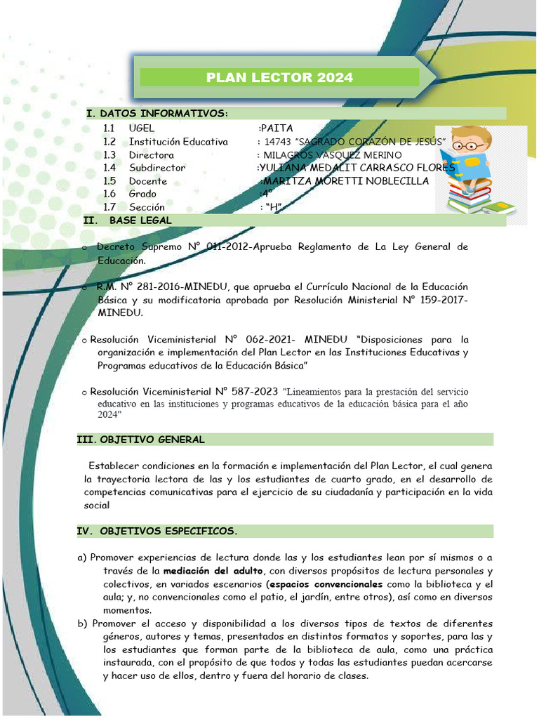 Plan Lector 2024 para 4° Grado "H" | PDF | Maestros | Salón de clases