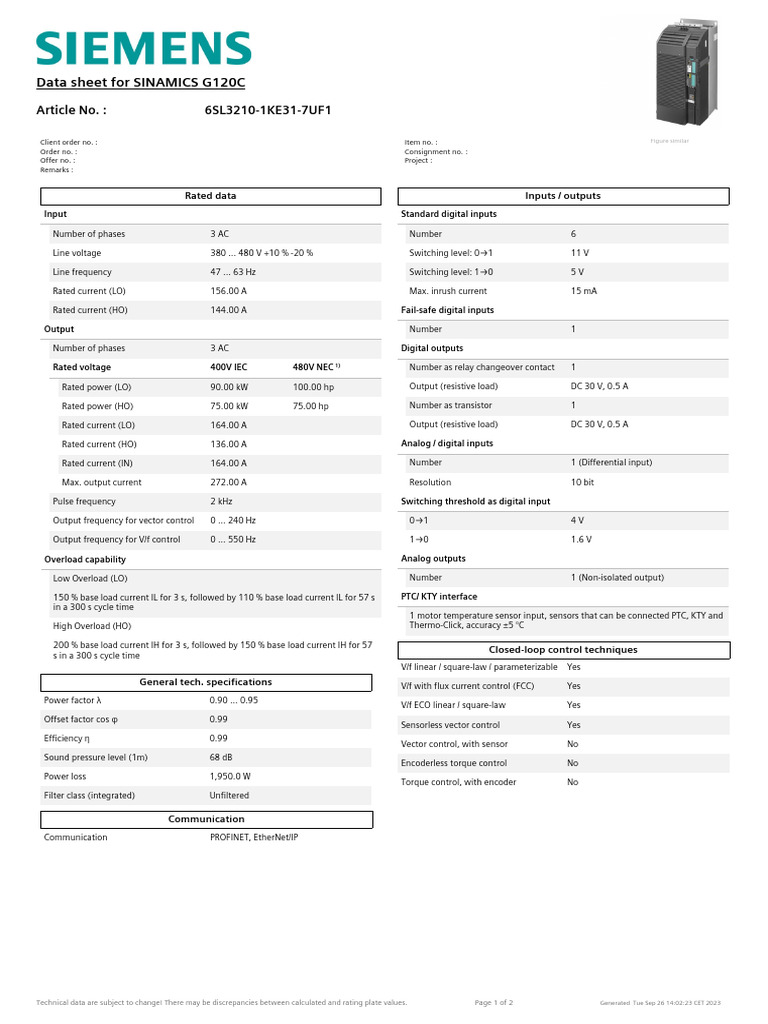 6SL3210-1KE31-7UF1 Datasheet en | PDF | Electric Motor | Electrical Engineering