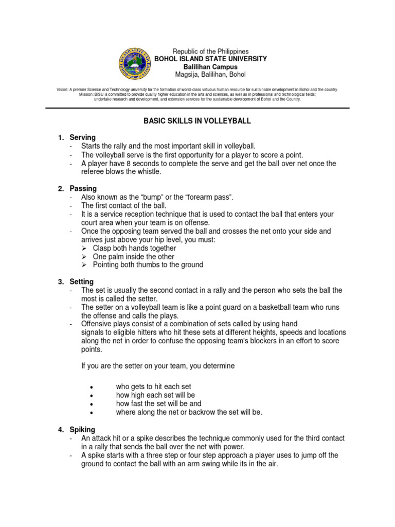Lesson 5. BASIC SKILLS & POSITIONS IN VOLLEYBALL | PDF | Volleyball | Ball Games