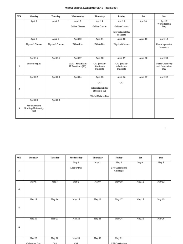 Term 3 Calendar | PDF