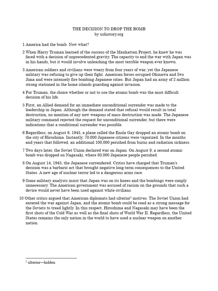 The Decision To Drop The Bomb - Non-Fiction Text 3 | PDF | Atomic ...