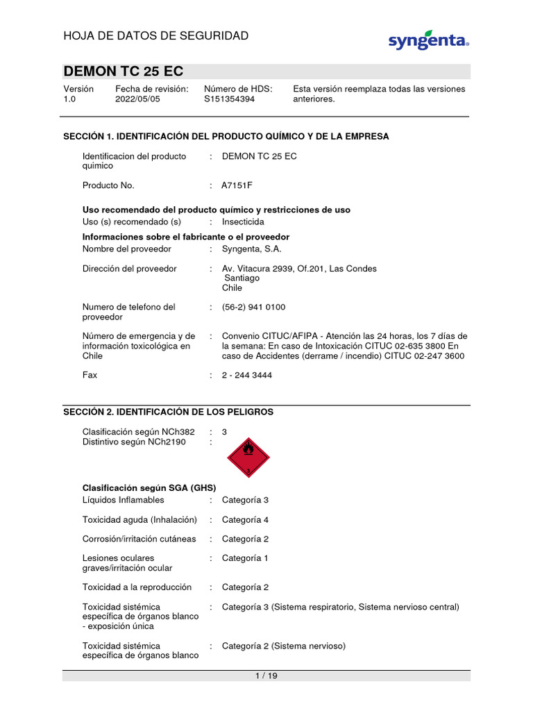 Insecticida DEMON TC 25 EC: Seguridad y Peligros | PDF | Química