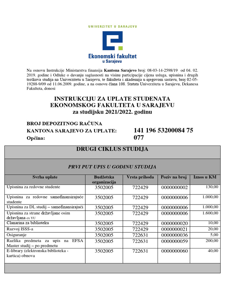 Instrukcije Za Uplatu Prema Vazecem Cjenovniku | PDF