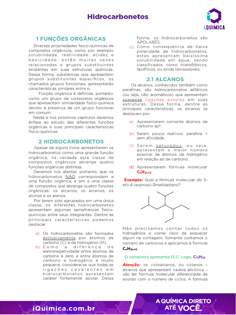 Hidrocarbonetos Iquímica PDF | Download grátis PDF | Aromaticidade | Benzeno