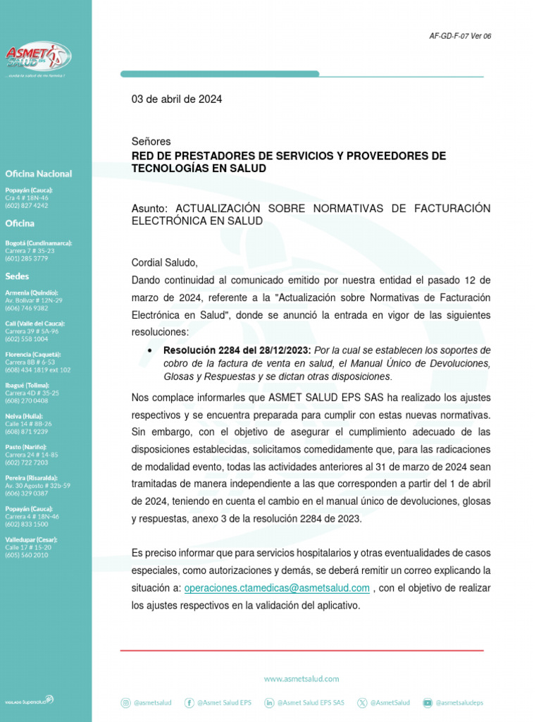 COMUNICACADO RED PRESTADORES_ Implementacion Norma 2284 | PDF