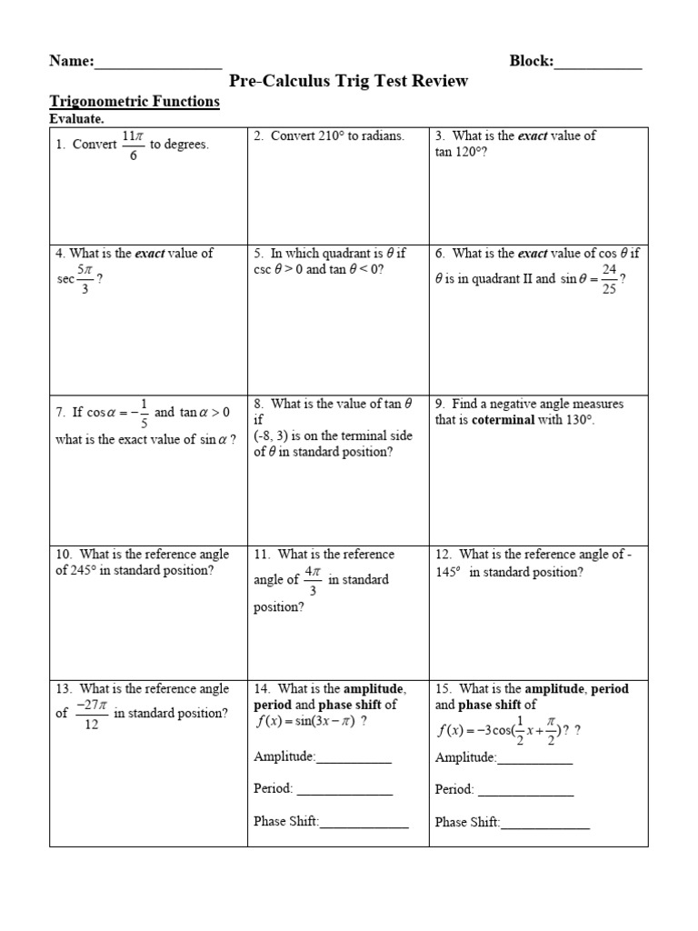 Pre-Calculus Trigonometry Test Review | PDF | Trigonometric Functions ...