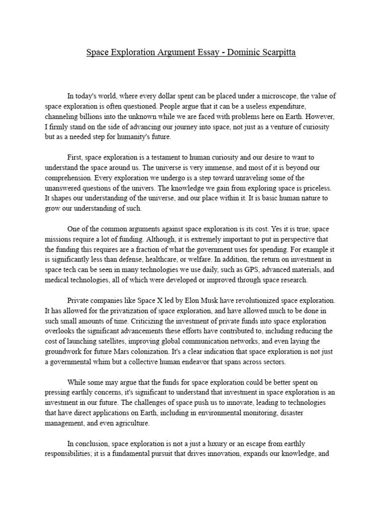 Argument Essay - Dominic Scarpitta 1 | PDF | Space Exploration | Nasa